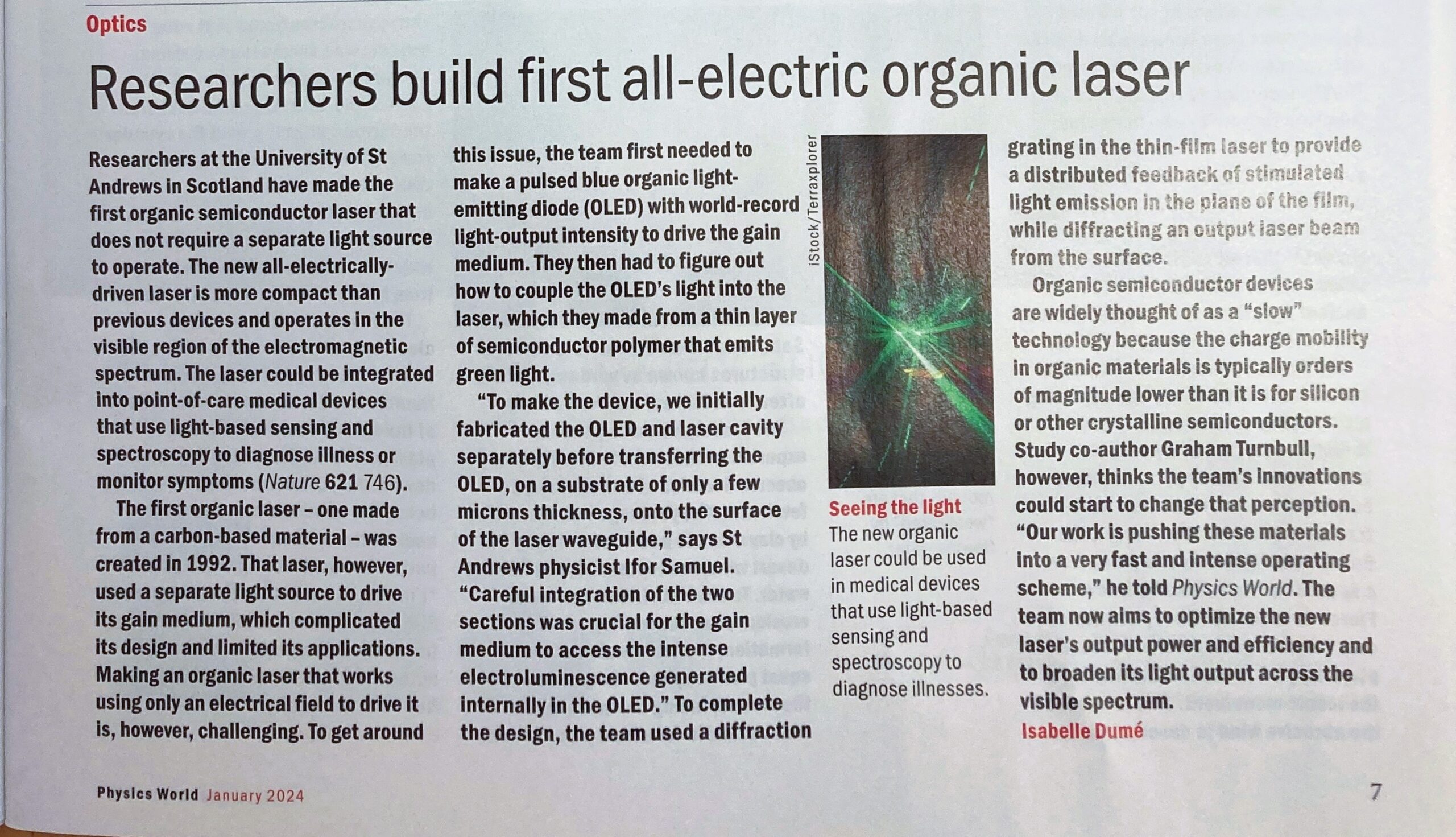 Organic lasers featured in Physics World magazine – Organic Semiconductor Centre